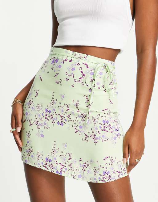 ASOS DESIGN mini slip skirt with tie waist in pale green floral print ...