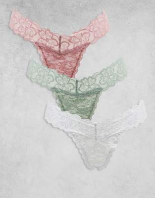 ASOS DESIGN Minnie 3 pack all over lace lingerie thong in sage, mink ...