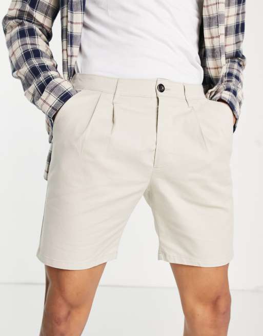 Asos Design Mittellange Shorts In Beige Mit Bundfalten Asos