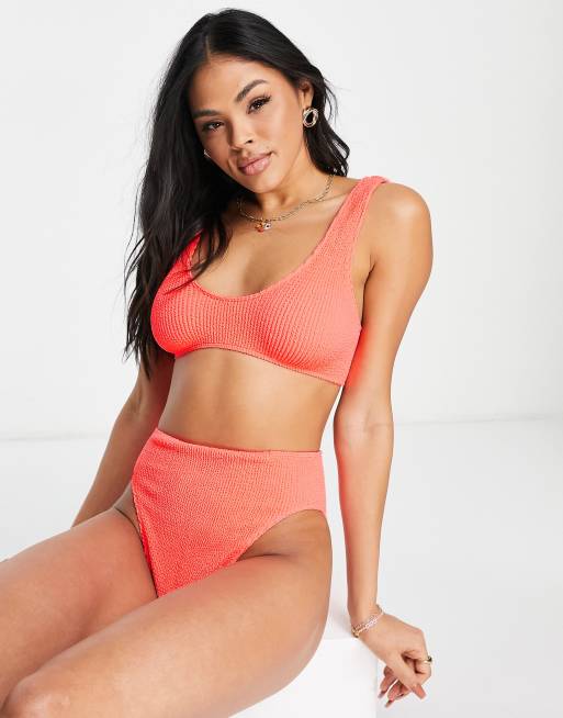 Asos Design Mix And Match Crinkle Skinny Scoop Crop Bikini Top In Coral