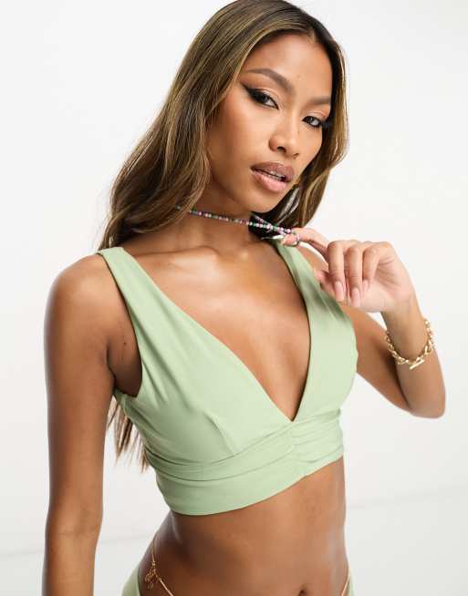 ASOS DESIGN mix and match deep band ruched crop bikini top in sage green | ASOS