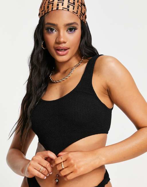 ASOS DESIGN – Mix-and-Match – Schal-Bikinioberteil in Knitter-Optik in Schwarz | ASOS