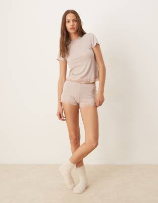 ASOS DESIGN mix & match rib and lace pyjama set in brown | ASOS