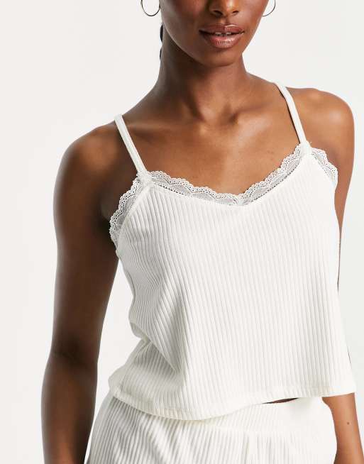 ASOS DESIGN mix & match rib & lace pyjama set in cream | ASOS