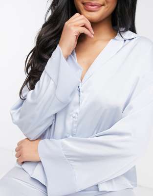 ASOS DESIGN mix & match satin pyjama shirt with contrast cuff in blue ...