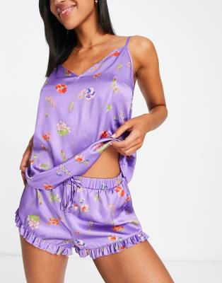 ASOS DESIGN - Mix & Match - Short de pyjama à volants en satin fleuri - Violet | ASOS