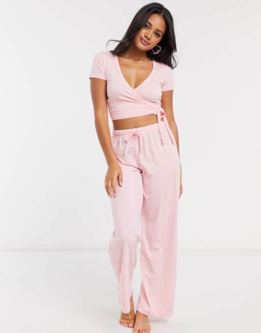 ASOS DESIGN mix & match wrap front jersey pyjama top in pink | ASOS