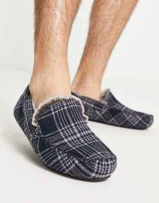 ASOS DESIGN moccasin slippers in navy check | ASOS