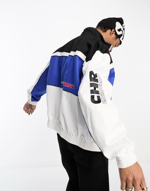 Asos Design Motocross Bomber Jacket With Badging In Blue