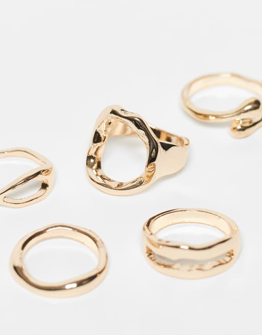 ASOS DESIGN multi-pack of rings with sculptural molten designs in gold ...