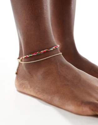 ASOS DESIGN multirow anklet with twisted thread and fine chain in gold ...