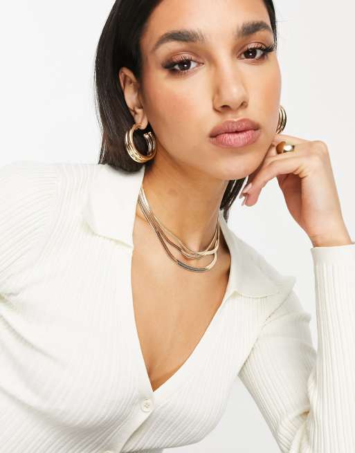 ASOS DESIGN multirow necklace in herringbone chain in gold tone | ASOS