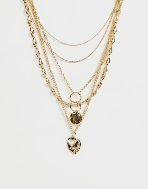ASOS DESIGN multirow necklace with worn coin and vintage style heart ...