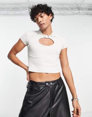 ASOS DESIGN muscle crop polo in beige with cut out buckle detail | ASOS