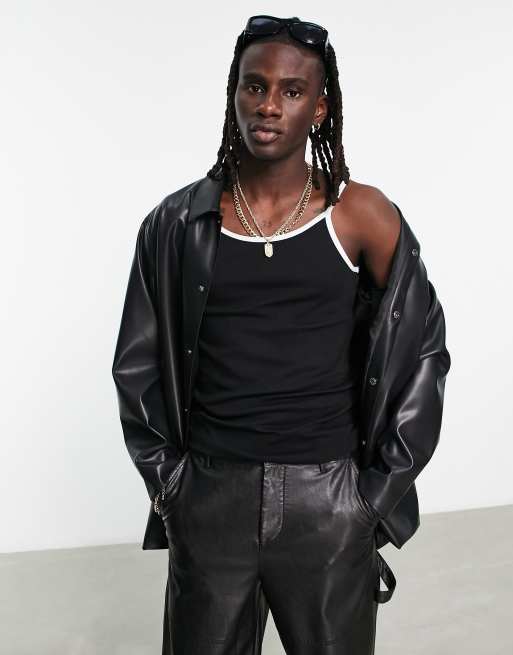 Asos Design Muscle Fit Hemd In Zwart Met Witte Contrasterende Bandjes