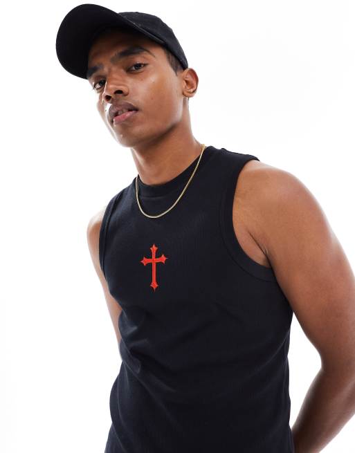 Asos Design Muscle Fit Hemd Met Kruisprint Op De Borst In Zwart Asos