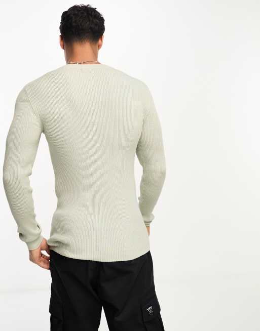 ASOS DESIGN muscle fit knit essential ribbed sweater in light gray | ASOS