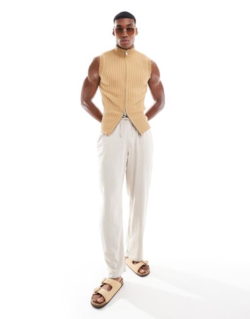 ASOS DESIGN muscle fit knit sleeveless zip up in tan rib | ASOS