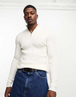 ASOS DESIGN muscle fit knitted essential 1/4 zip jumper in white | ASOS
