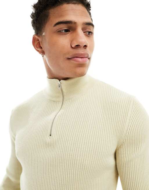 ASOS DESIGN muscle fit knitted essential quarter zip jumper in cream | ASOS
