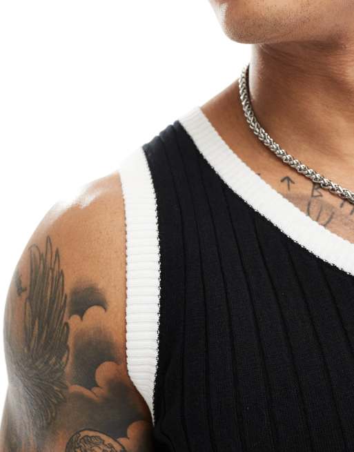 ASOS DESIGN muscle fit knitted rib V neck singlet in black with ...