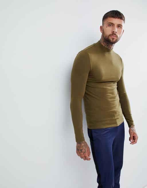 Asos Design Muscle Fit Long Sleeve Turtle Neck T Shirt In Khaki Asos