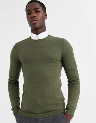 ASOS DESIGN muscle fit merino wool sweater in khaki | ASOS