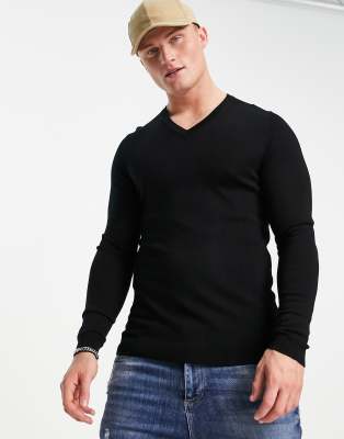 ASOS DESIGN muscle fit merino wool v-neck jumper in black | ASOS
