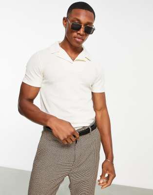 ASOS DESIGN muscle fit polo in textured rib in cream | ASOS