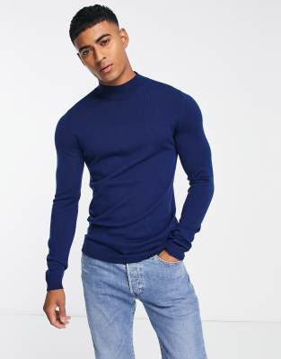 ASOS DESIGN muscle fit premium merino wool turtleneck jumper in navy | ASOS