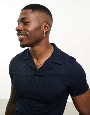 ASOS DESIGN muscle fit ribbed revere polo in navy | ASOS