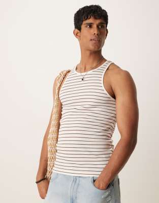 ASOS DESIGN muscle fit singlet in white and brown stripe | ASOS