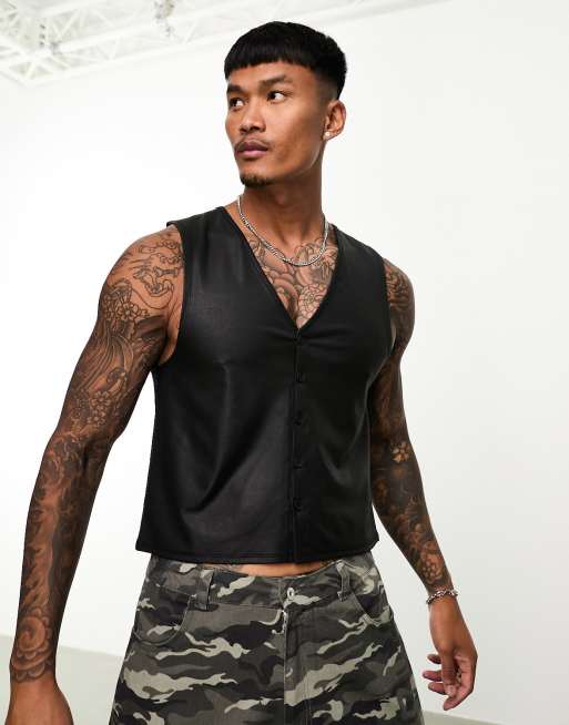Asos Design Muscle Fit Singlet With Button Through In Black Faux