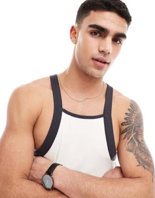 ASOS DESIGN muscle fit square neck ribbed tank top in cream with black ...