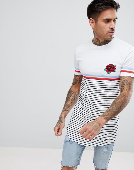 Asos Design Muscle Fit Super Longline Stripe T Shirt With Rose