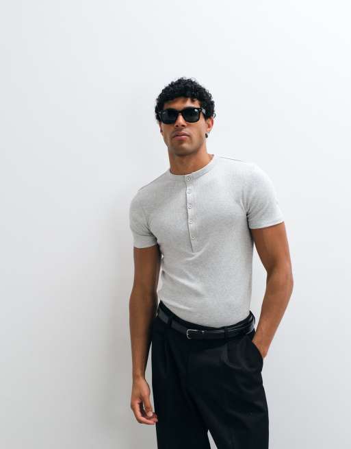 ASOS DESIGN muscle fit t-shirt with henley neck in beige marl rib | ASOS