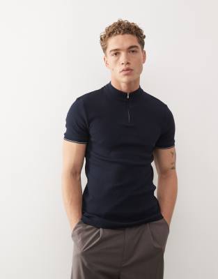ASOS DESIGN muscle fit t-shirt with high neck zip collar in navy | ASOS