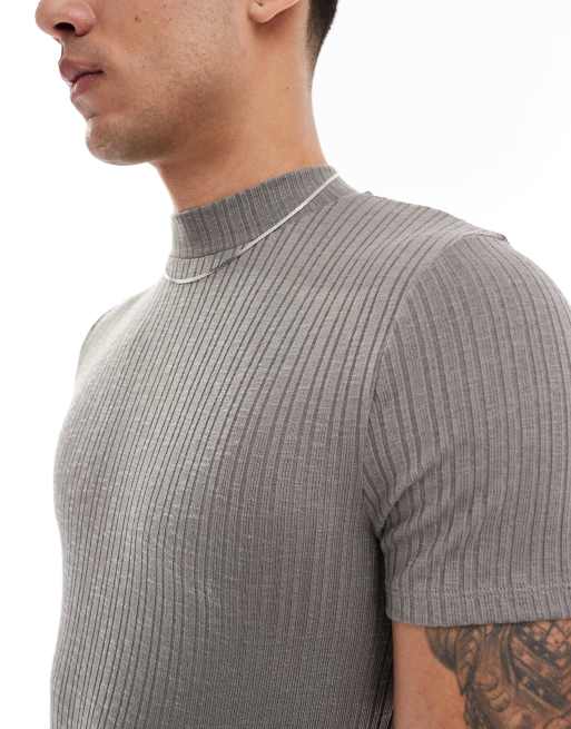 ASOS DESIGN muscle fit t-shirt with mock neck in grey rib | ASOS