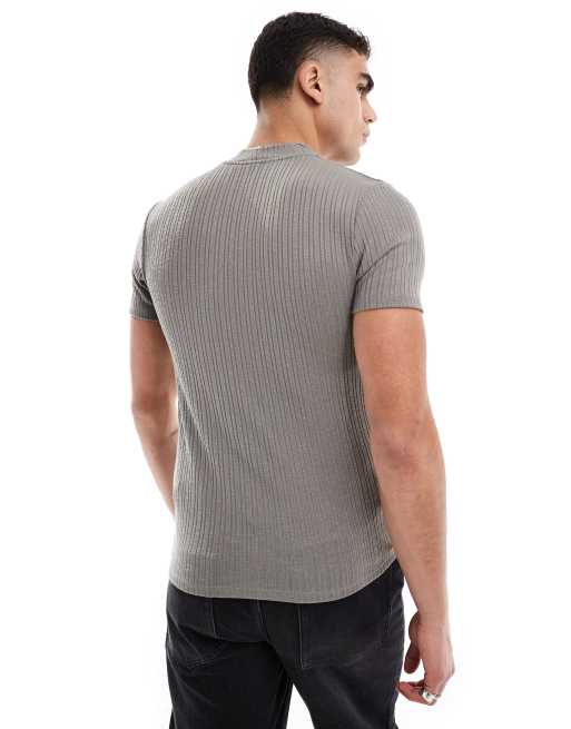 ASOS DESIGN muscle fit t-shirt with mock neck in grey rib | ASOS