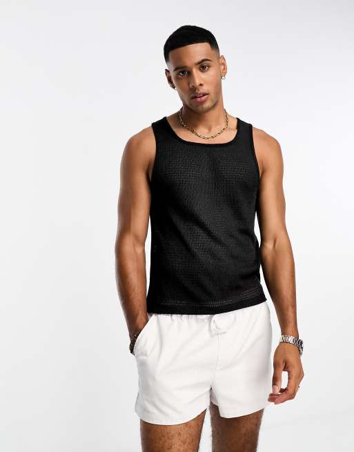 Asos Design Muscle Fit Tank Top With Square Neckline In Black Texture