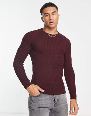 ASOS DESIGN muscle fit textured knit sweater in burgundy | ASOS