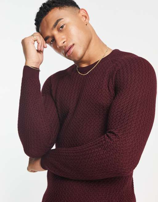 ASOS DESIGN muscle fit textured knit sweater in burgundy | ASOS