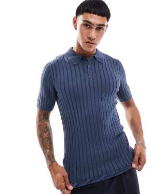 ASOS DESIGN muscle fit washed knitted wide rib polo in navy | ASOS