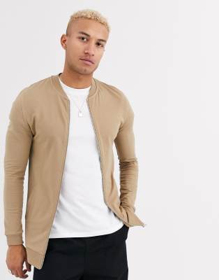 Asos Design Muscle Longline Jersey Bomber Jacket In Brown | ModeSens