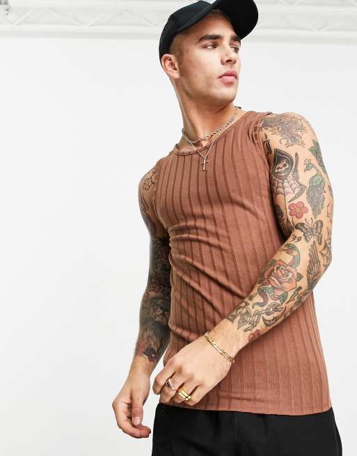 Asos Design Muscle Rib Singlet In Brown Asos
