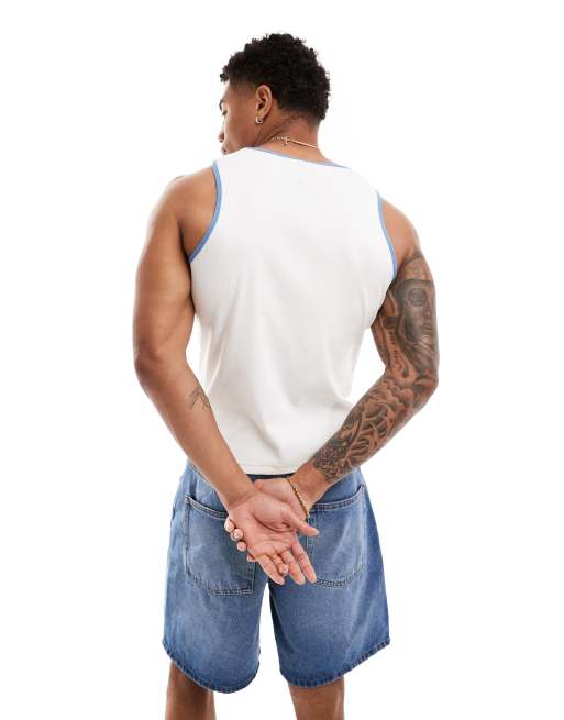 ASOS DESIGN muscle singlet in white with Montreal chest print | ASOS