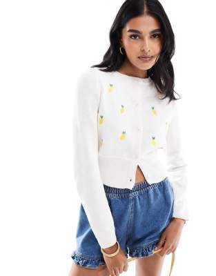ASOS DESIGN neat fit cardigan with lemon embroidery in ivory | ASOS