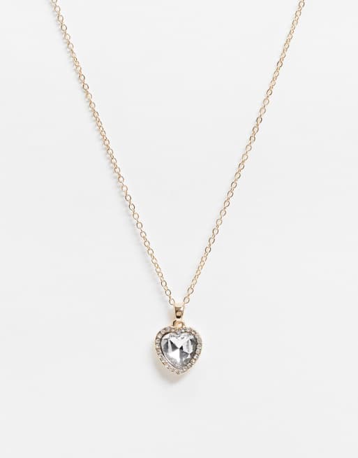ASOS DESIGN necklace with clear crystal heart pendant in gold tone | ASOS