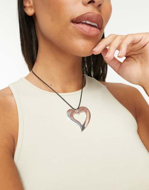 Asos Design Necklace With Cord And Heart Detail In Silver Tone Asos