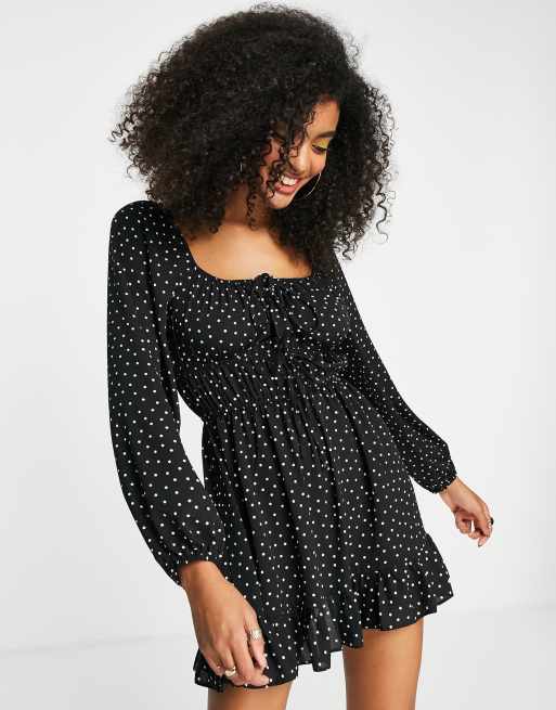 Asos Design Nette Mini Jurk Met Gestrikte Voorkant Lange Mouwen En